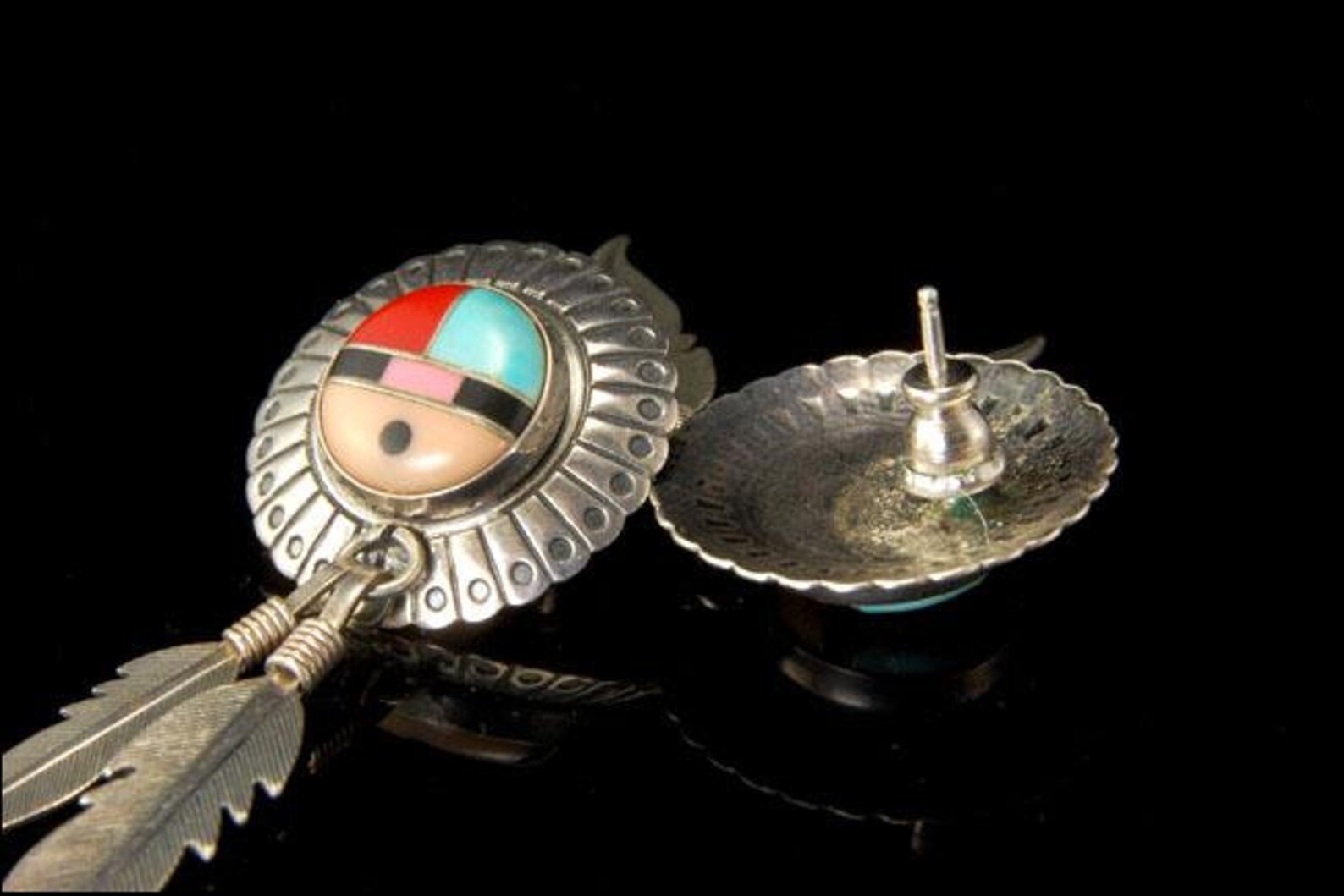Vintage Zuni Mosaic Turquoise Coral Sterling Feather Sun Dangle ...