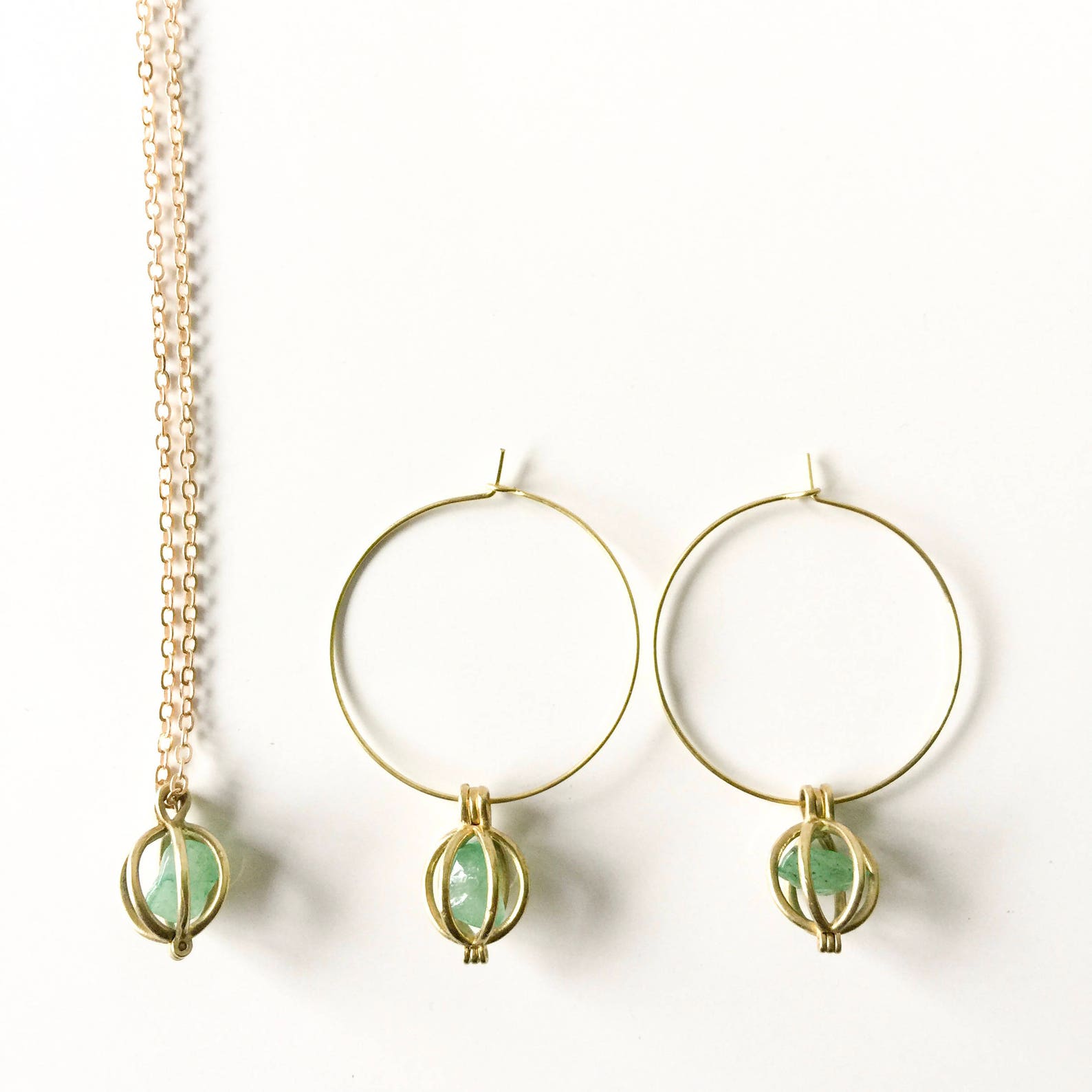 Juego de joyas de jade joyas de latón enjauladas de oro de - Etsy México