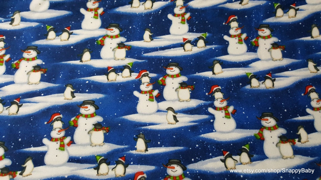 Christmas Flannel Fabric - Snowmen and Penguins Royal Blue 2 Ply - by ...