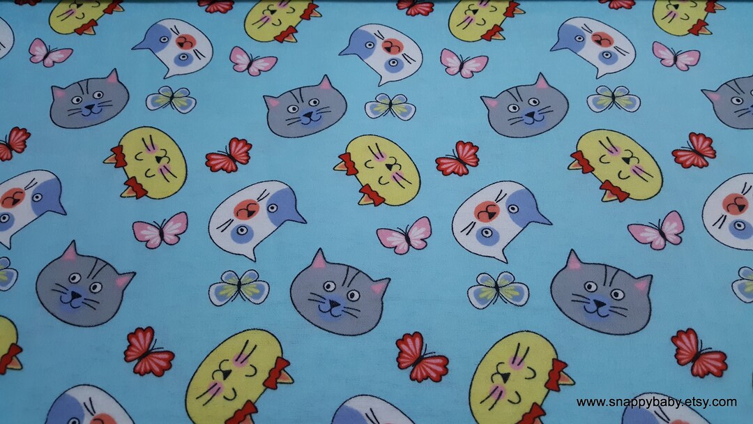 Flannel Fabric - Cat Faces and Butterflies Tossed - by the Yard - 100% ...