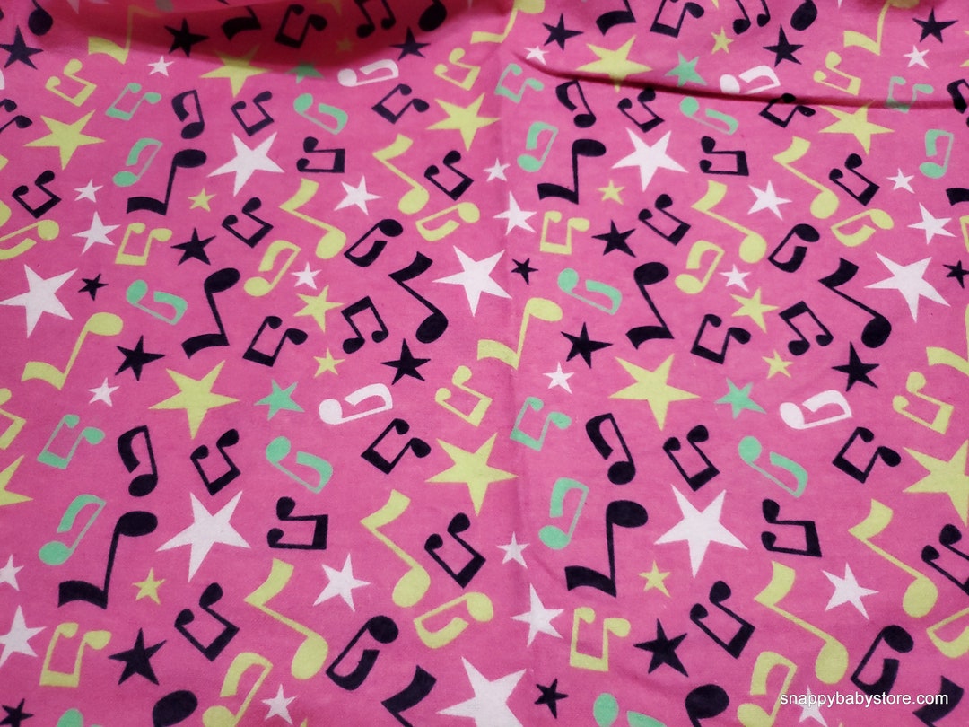 Flannel Fabric - Music Notes and Stars on Pink - by the Yard - 100% ...