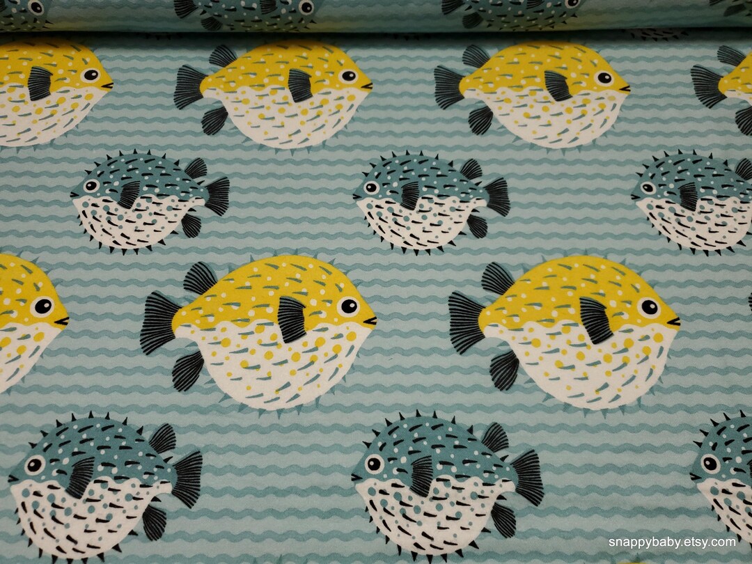 Flannel Fabric - Puffer Fish on Blue - by the Yard - 100% Cotton ...