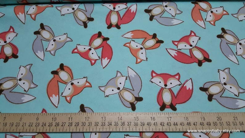 Flannel Fabric - Smiling Fox on Aqua - by the Yard - 100% Cotton ...