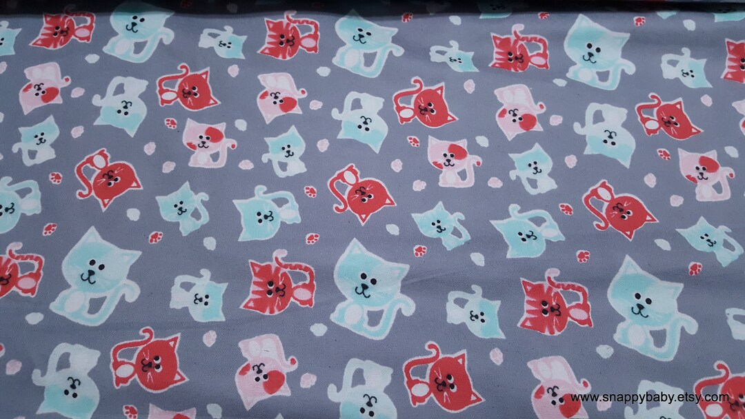 Flannel Fabric - Stamped Cats on Gray - by the Yard - 100% Cotton ...