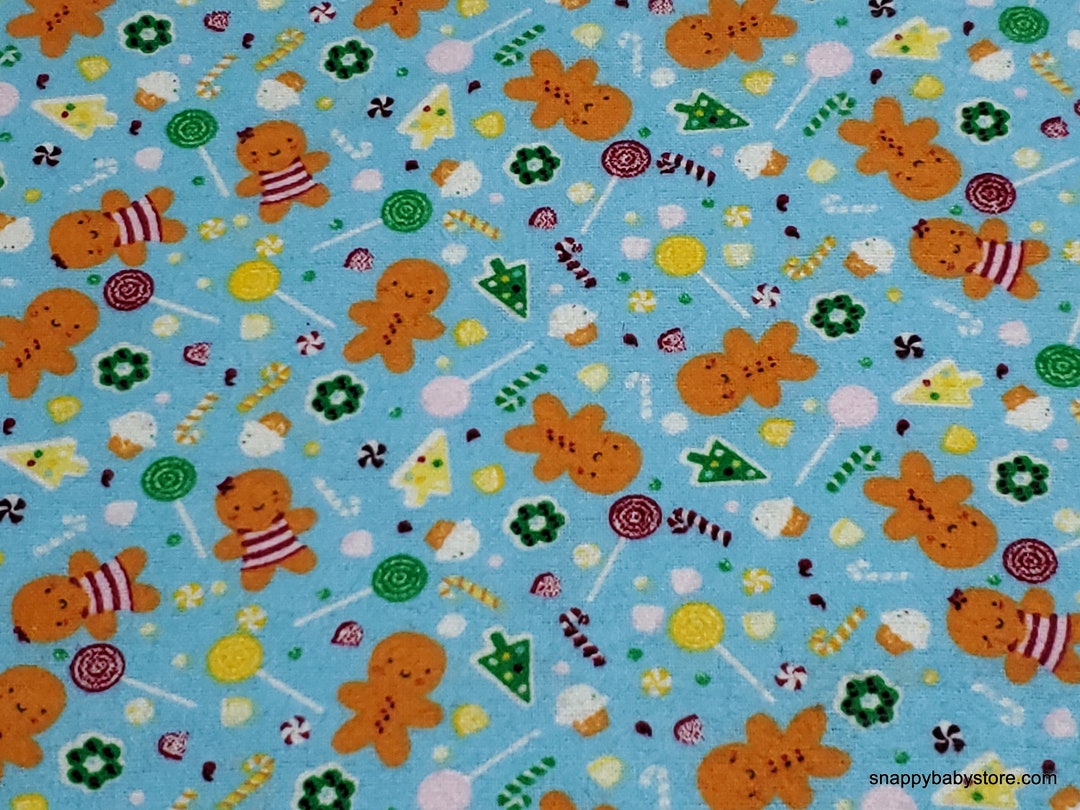 Christmas Flannel Fabric - Gingerbread on Blue - by the Yard - 100% ...