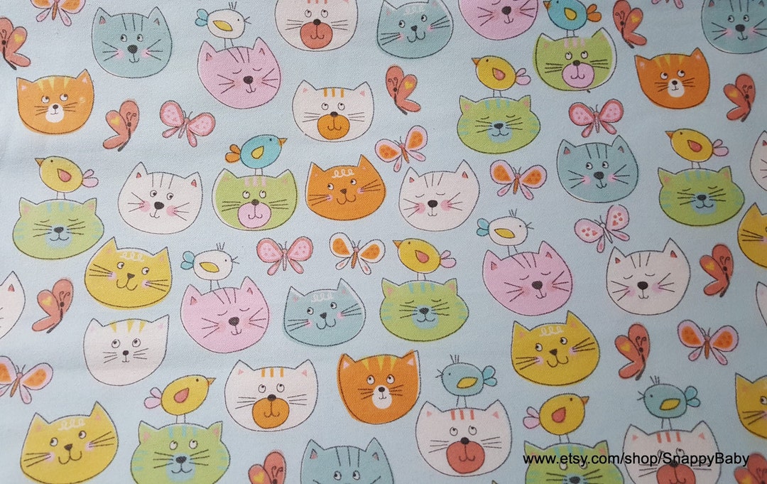 Flannel Fabric - Cat Faces on Light Blue - by the Yard - 100% Cotton ...