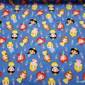 Character Flannel Fabric - Cute Princess Floral Kawaii on Blue - by the ...