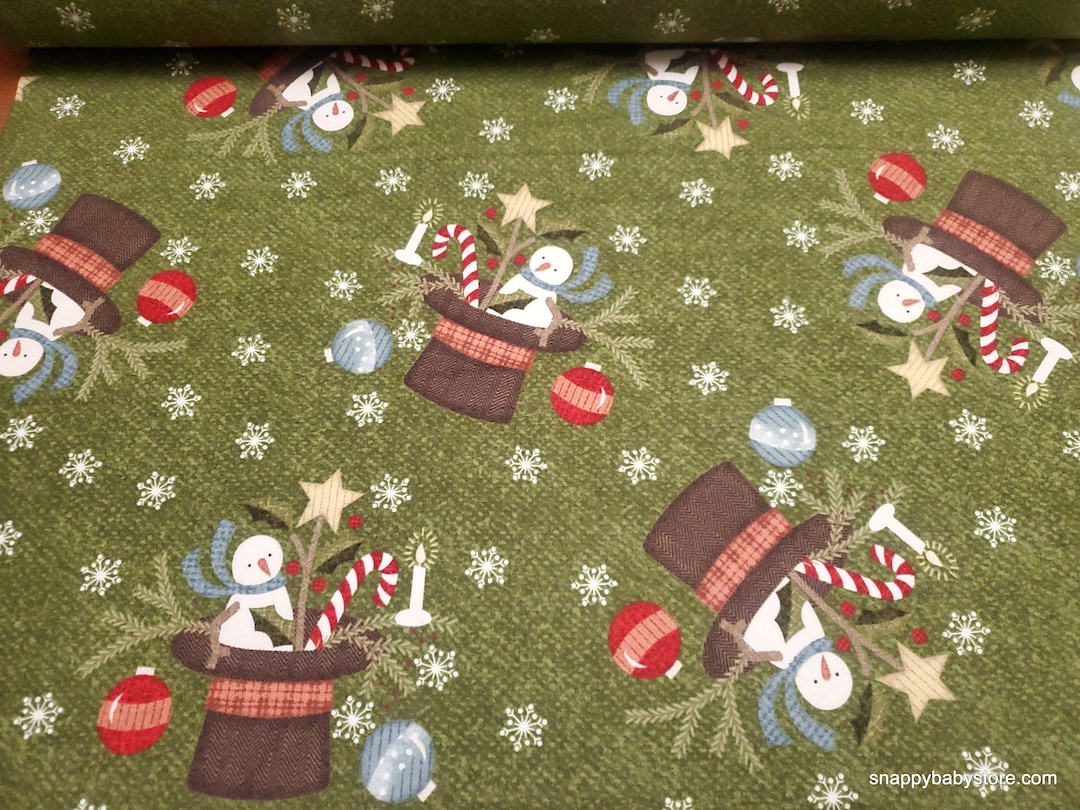 Christmas Premium Flannel Fabric - Snowdays Snowmen in Hats Green ...