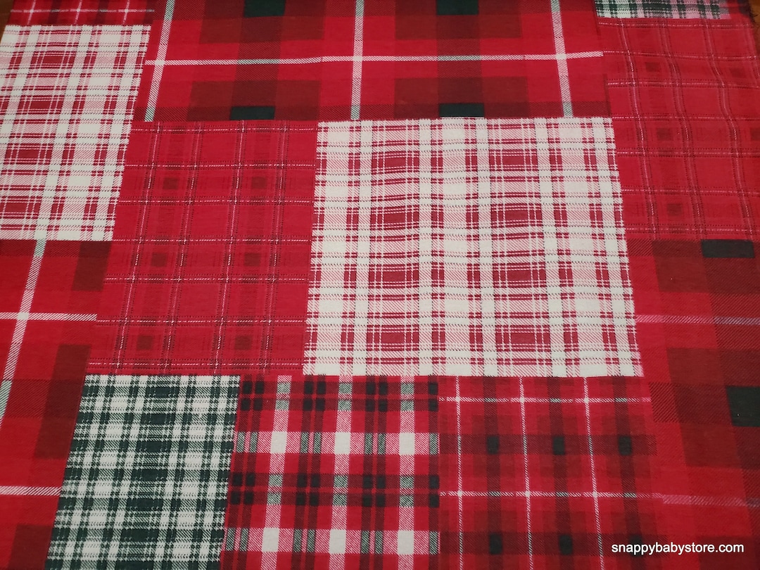 Christmas Flannel Fabric - Seasons Greetings Patchwork Red Green Plaid ...