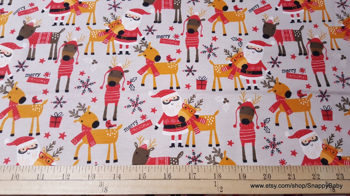 Christmas Flannel Fabric Santa and Reindeer by the Yard | Etsy