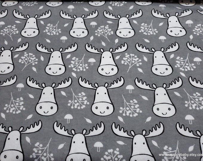 Flannel Fabric Happy Moose Head on Gray By the yard 100% Cotton Flannel ...