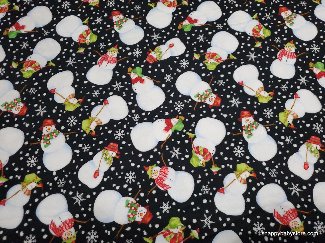 Christmas Premium Flannel Fabric - Snow Bird Snowmen Tossed on Black ...