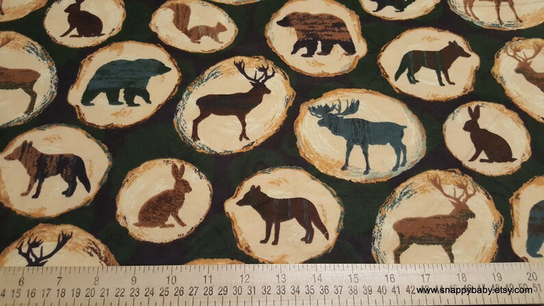 Flannel Fabric - Animals on Wooden Logs - by the Yard - 100% Cotton ...