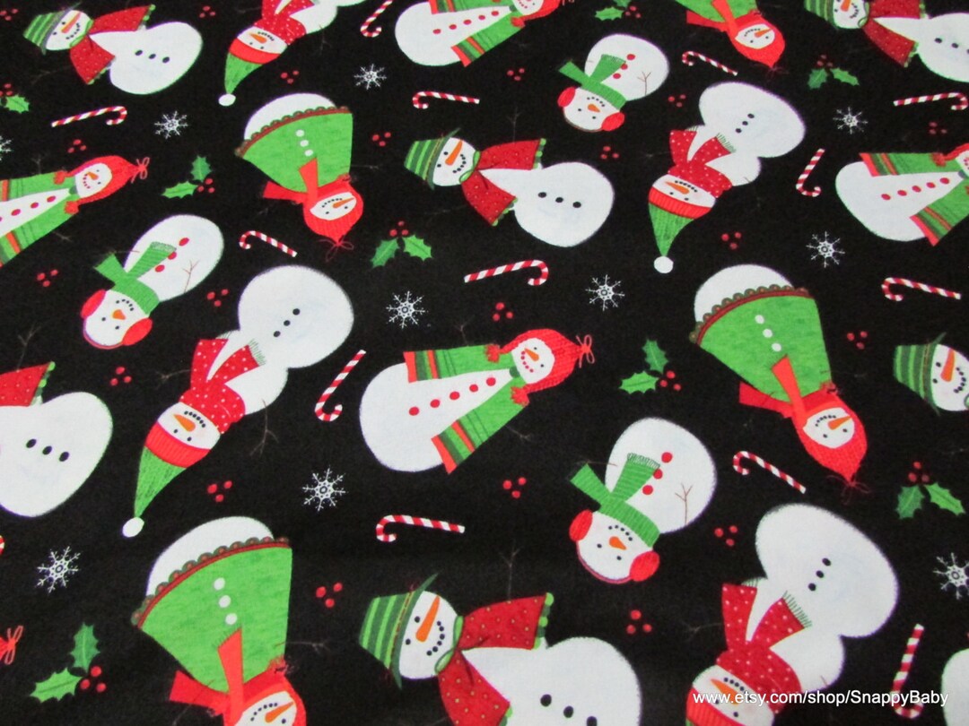 Christmas Flannel Fabric - Snowmen on Black Premium Flannel - by the ...