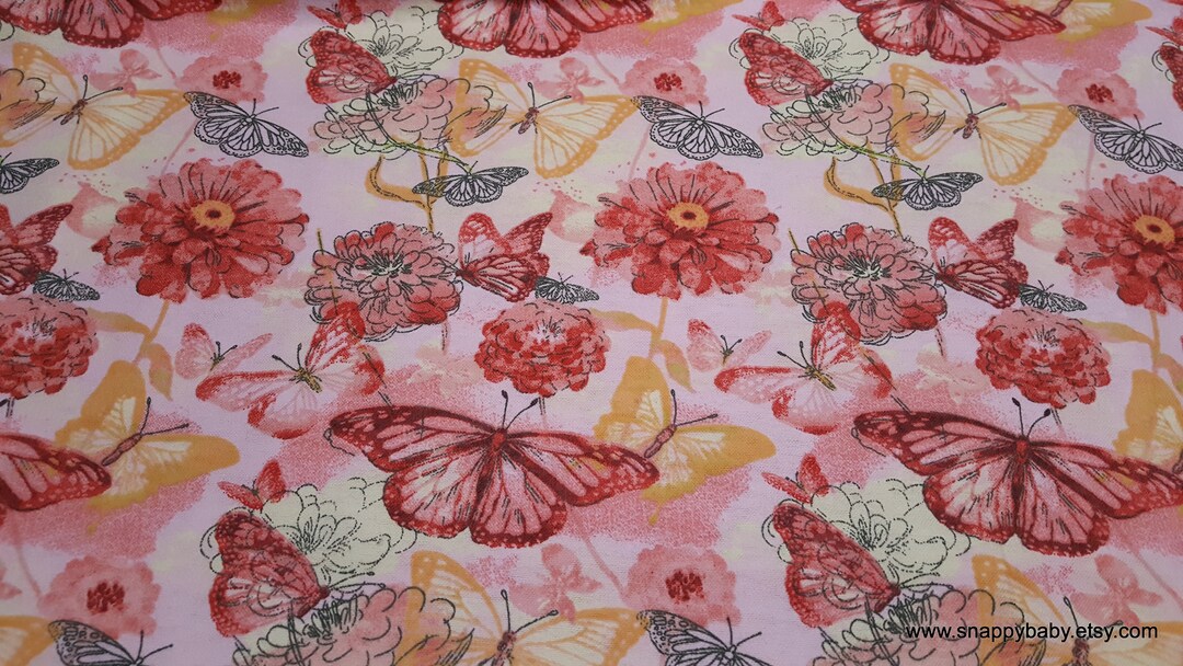 Flannel Fabric - Coral Watercolor Butterfly - by the Yard - 100% Cotton ...