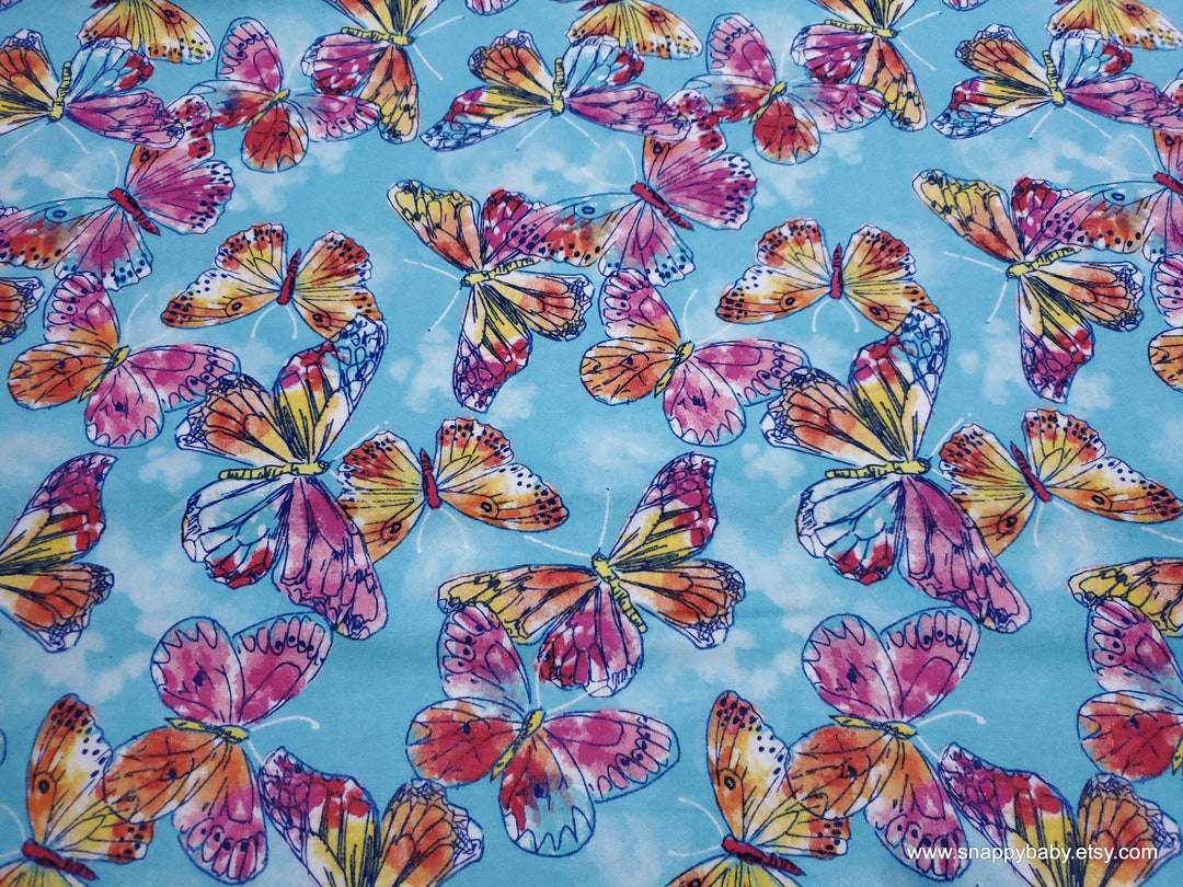 Flannel Fabric - Watercolor Butterfly on Blue - by the Yard - 100% ...