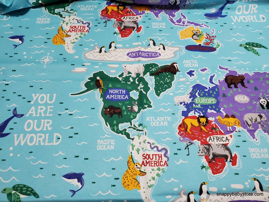 Flannel Fabric - World Map Allover - by the Yard - 100% Cotton Flannel ...