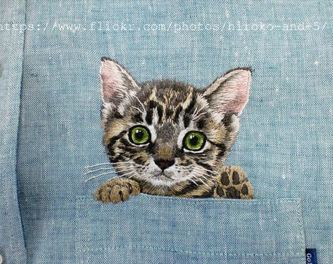 Hand Embroidered Cat in the Pocket on the Light Blue-green - Etsy