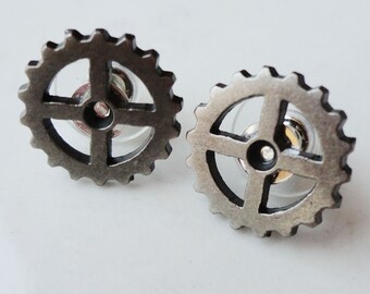 Metal Gears Cogs Burnished Gold Steampunk 16mm Stud Earrings | Etsy