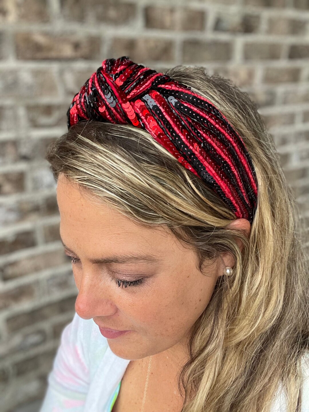 Red and Black Sequin Headband, Seed Bead, Red Knotted, Preppy Headband ...