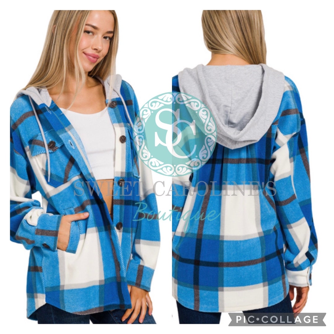 Blue Plaid Fleece Hooded Shacket, Front Button Down Shacket, Plaid ...