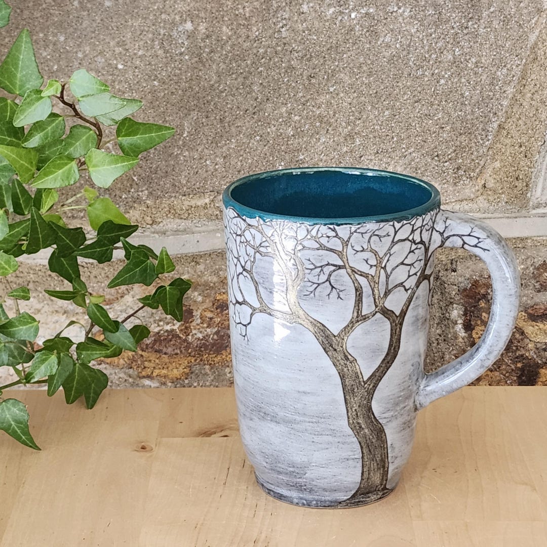 Sgraffito Stoneware Trees With Raven Mug in Stormy Gray and Turquoise ...