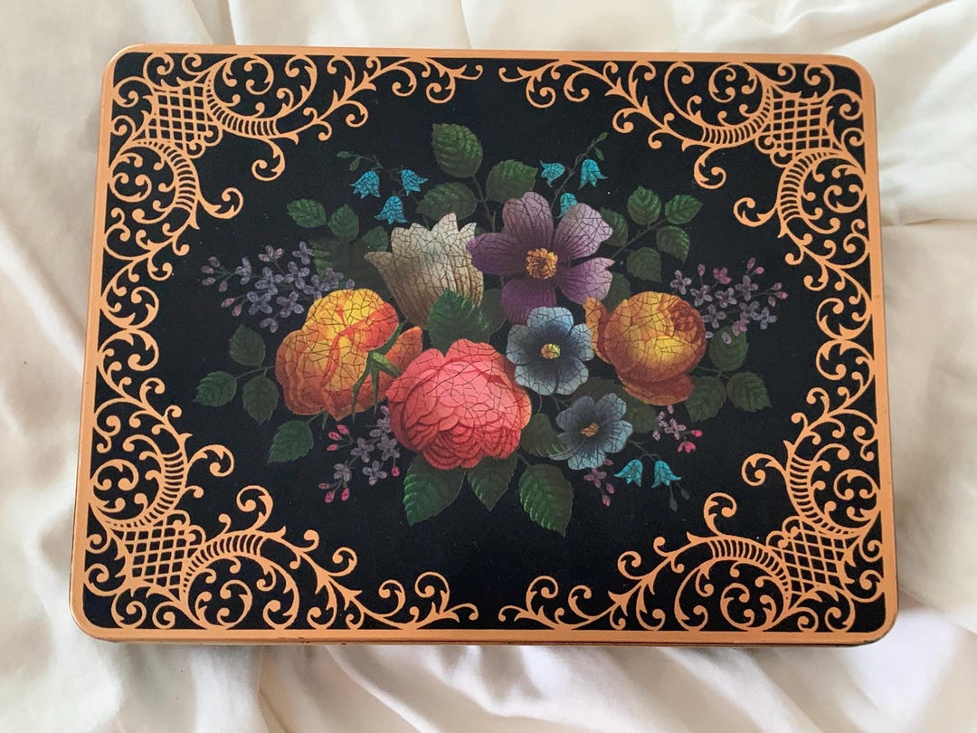 Vintage Hinged Tin Chocolate Box | Black Floral Tin Candy Box | Elegant ...
