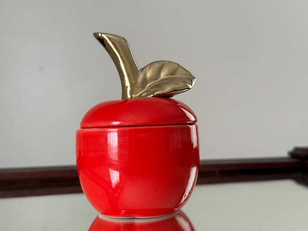 Vintage Ceramic Red Apple Trinket Box With Gold Leaf and Stem | Small ...