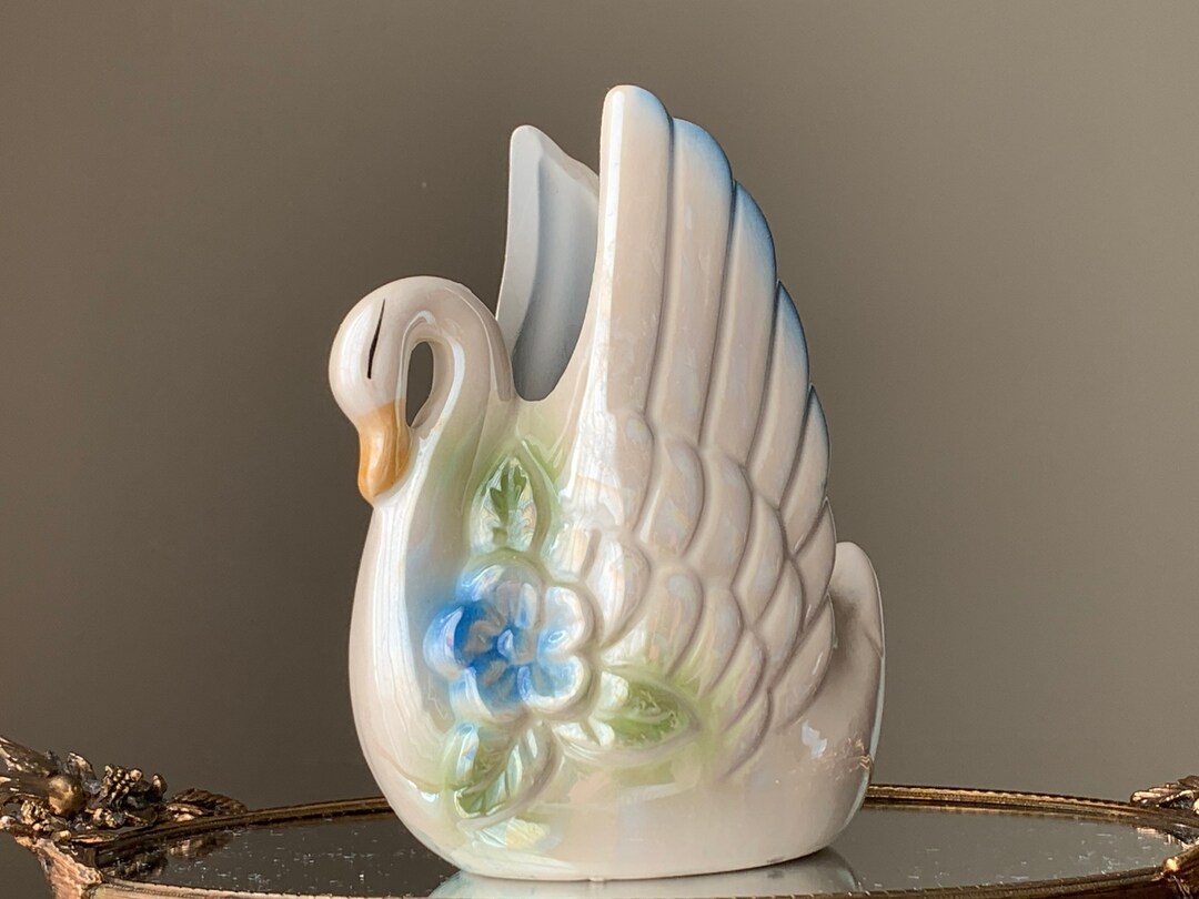 Vintage Glazed Ceramic Swan Planter, Blue Flower Swan Figurine Flower ...