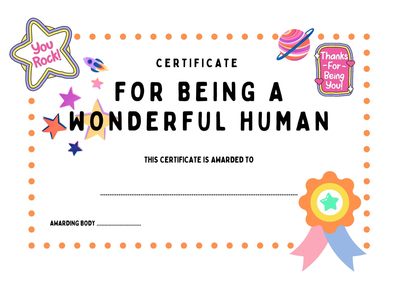 Fun Certificate, Award Certificate, Wonderful Human, Downloadable ...