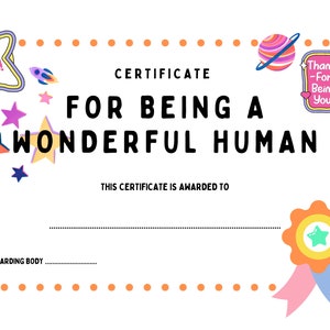 Fun Certificate, Award Certificate, Wonderful Human, Downloadable ...