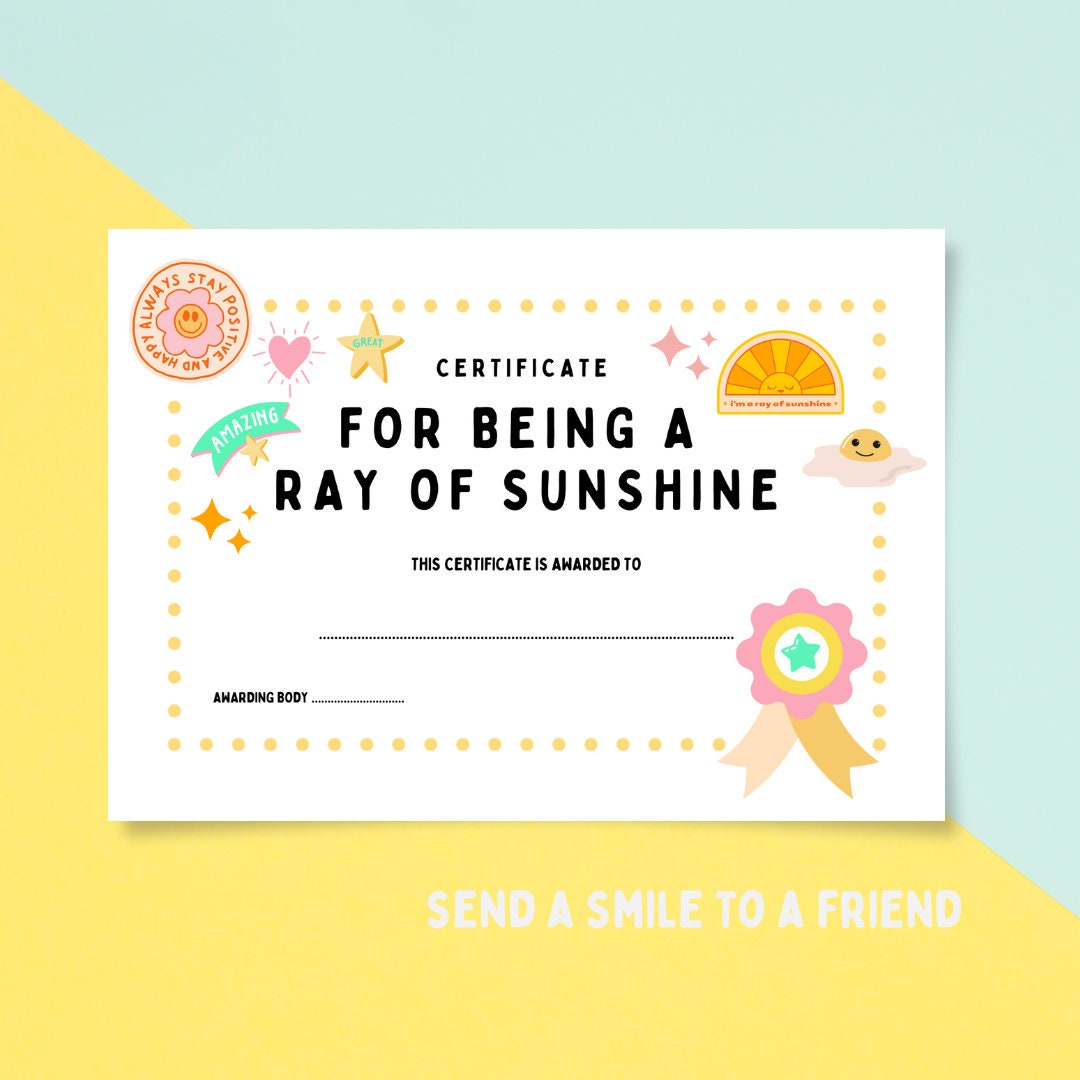 Fun Certificate, Ray of Sunshine, Positive Certificate, Downloadable ...