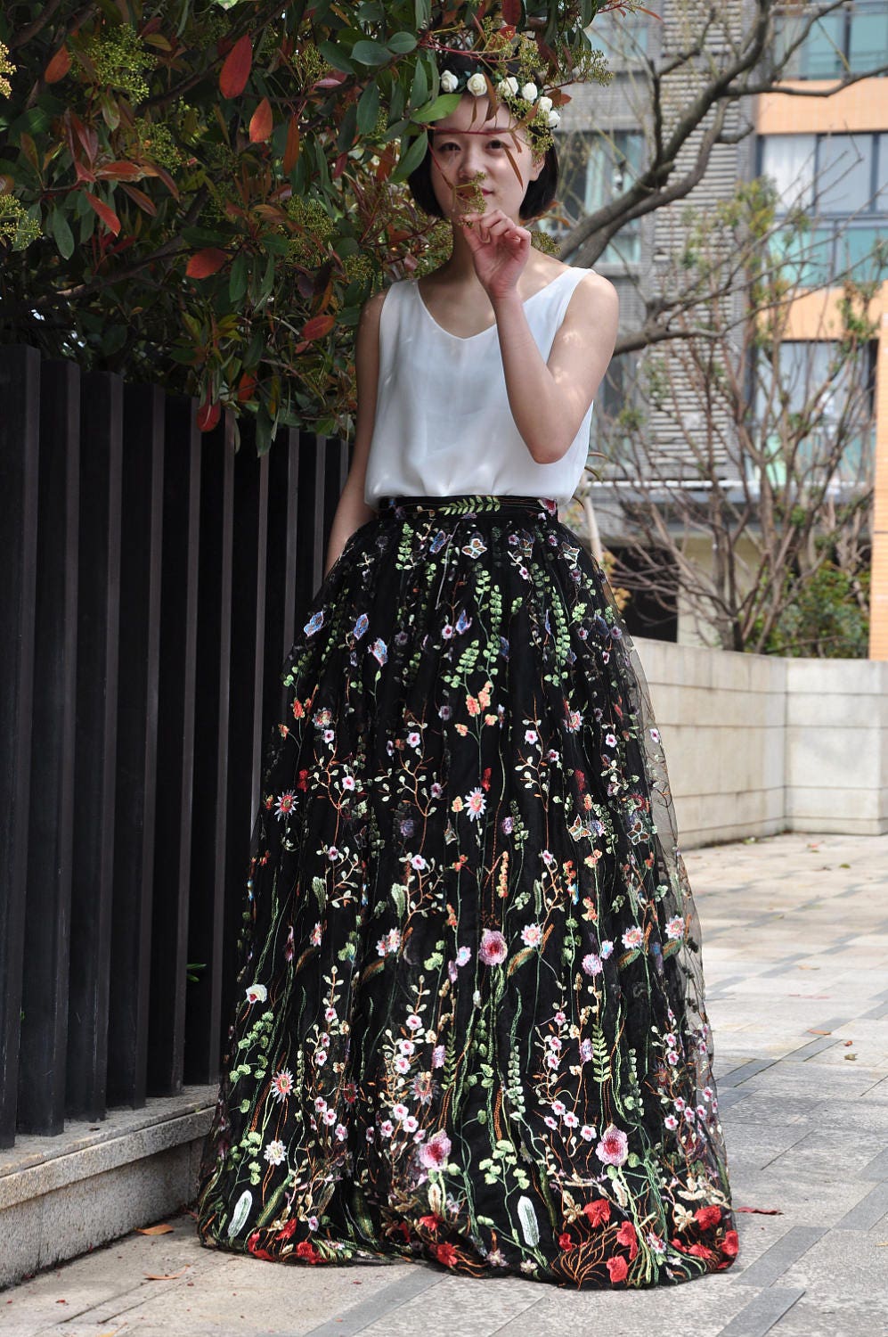 Black Floral Embroidery Long Skirt | Etsy
