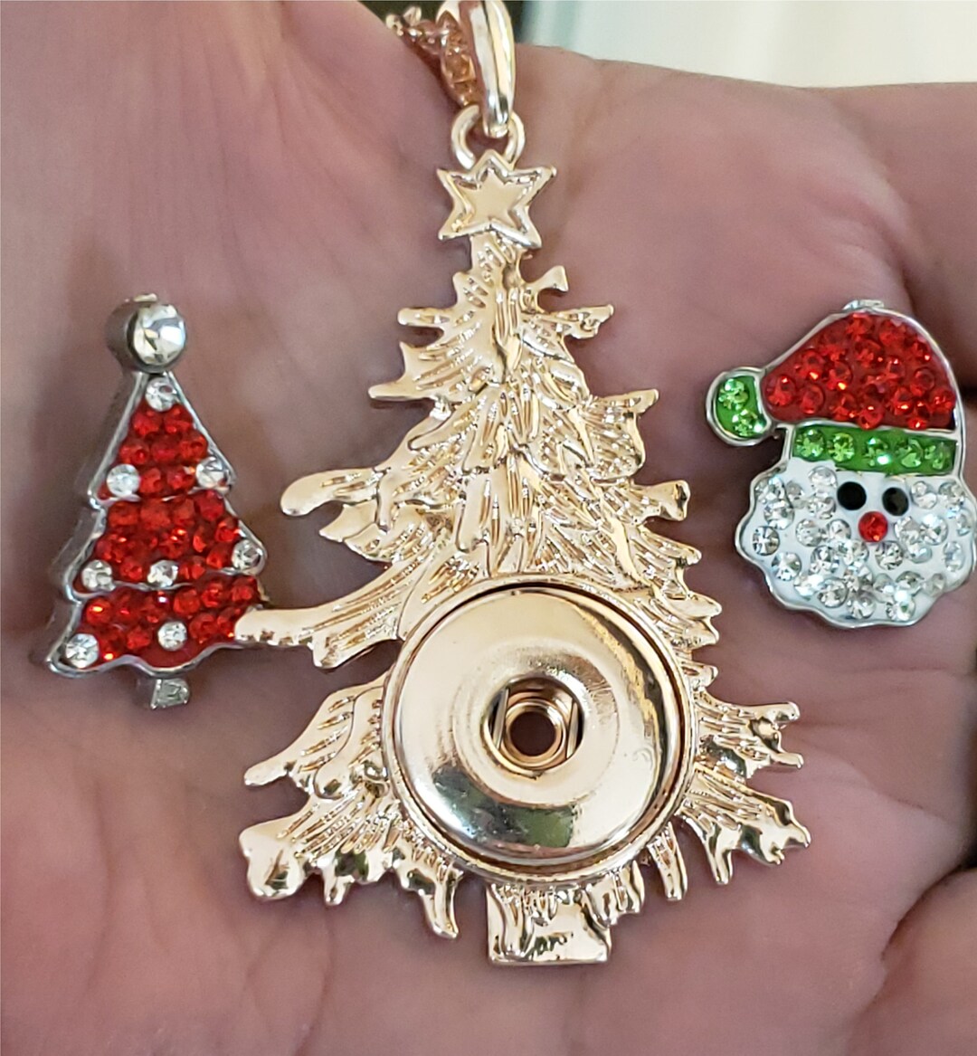 0823 - Gold Christmas Tree Snap Necklace With Two Snap Charms / Santa ...