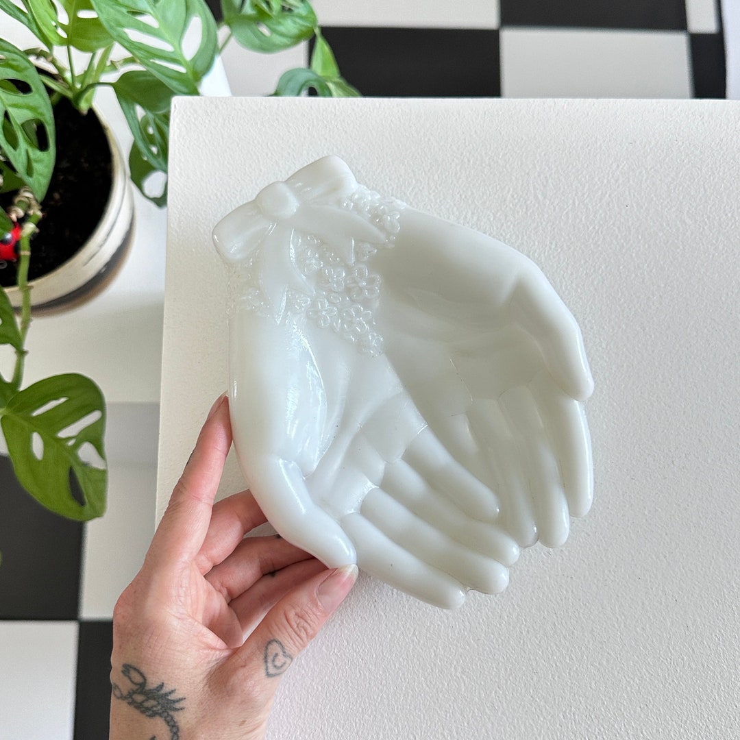 Vintage White Milk Glass Hands Catchall Trinket Dish Vanity Tray Avon ...