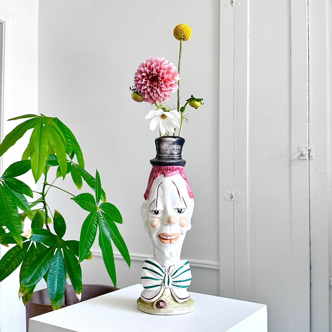 RARE Large Vintage 1970s Italian Ceramic Circus Clown Head Floral Vase ...