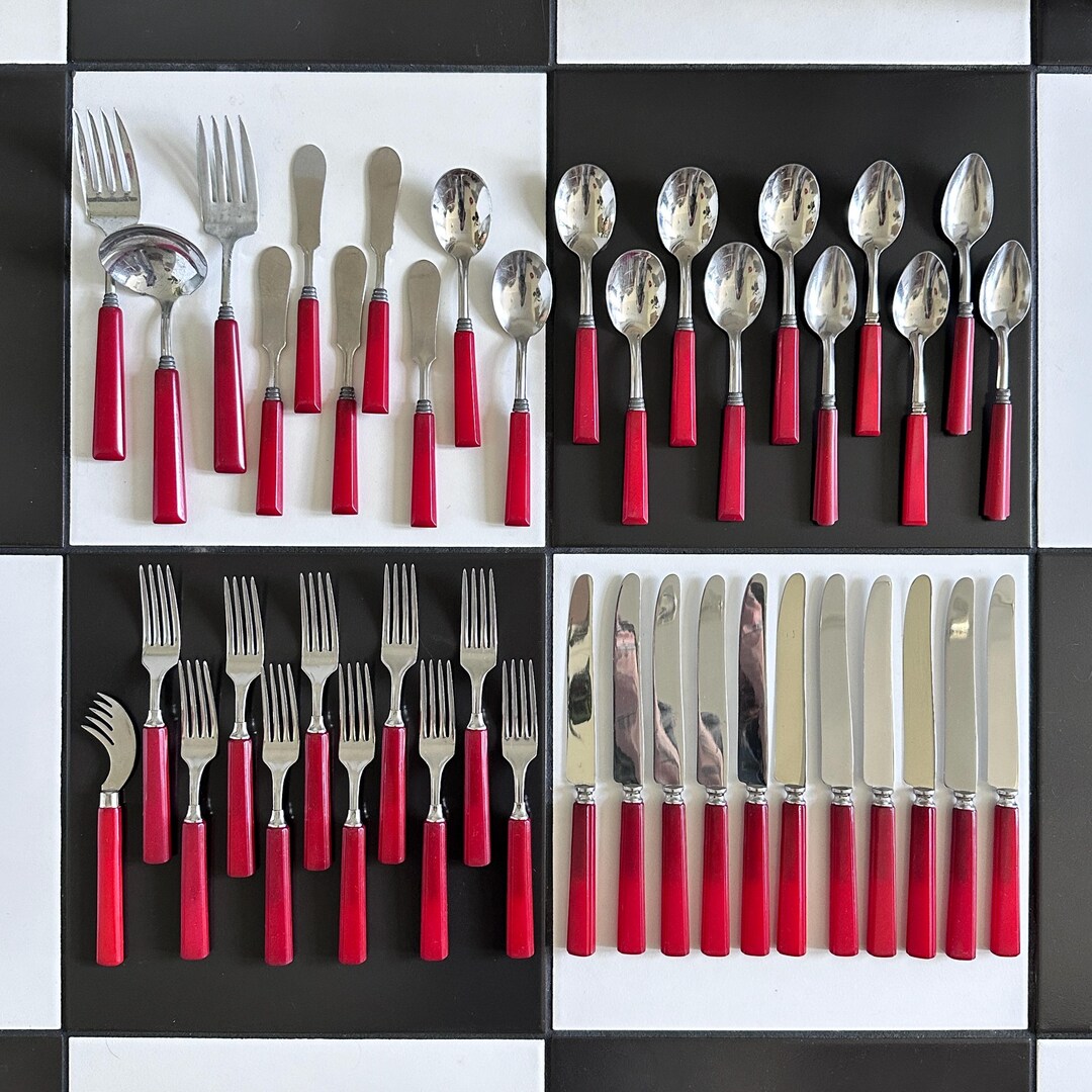 42pc Set Vintage 1940s Red Bakelite Flatware Complete Service for 10 ...