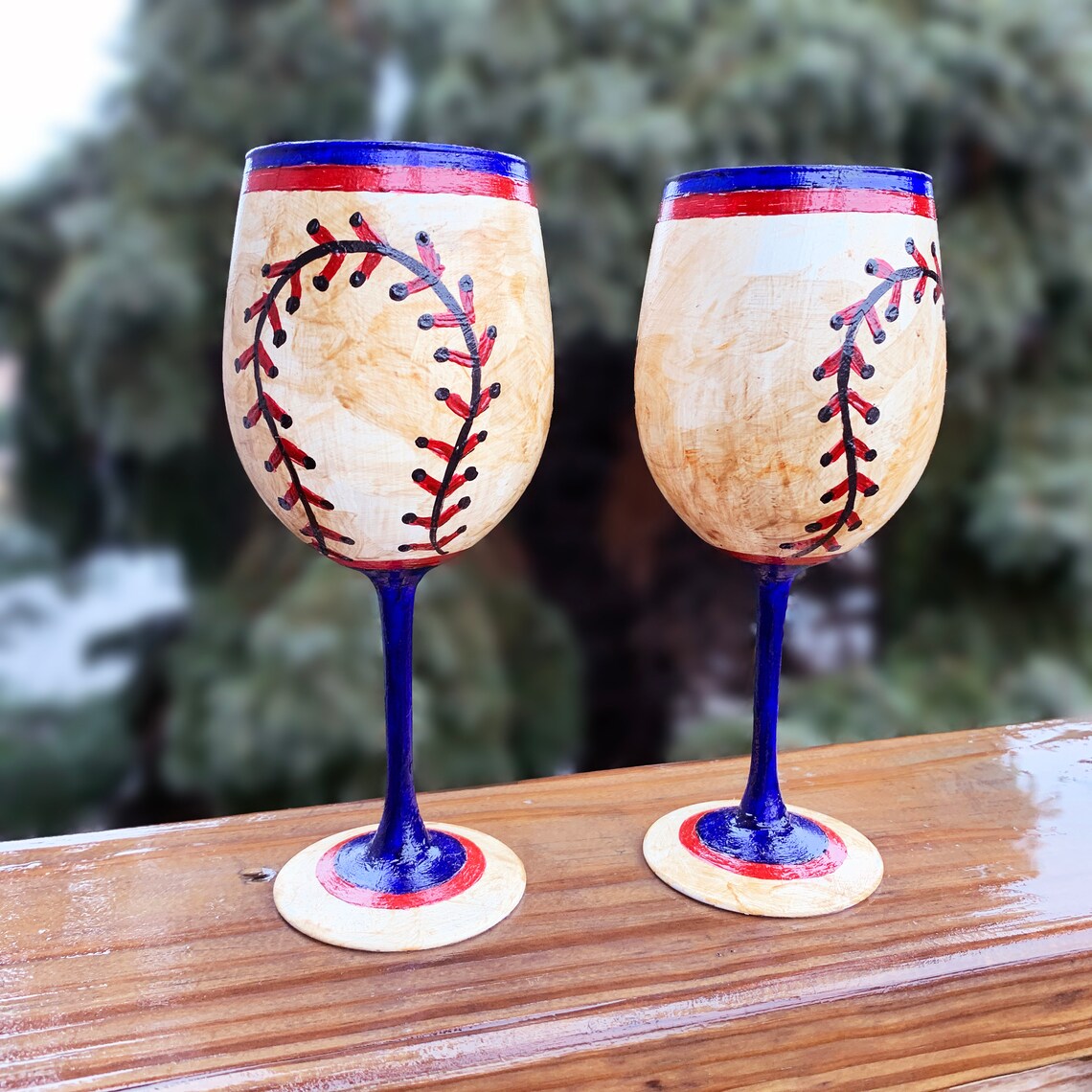 2 Blue and Red Worn Baseball Hand Painted Wine Glasses set - Etsy