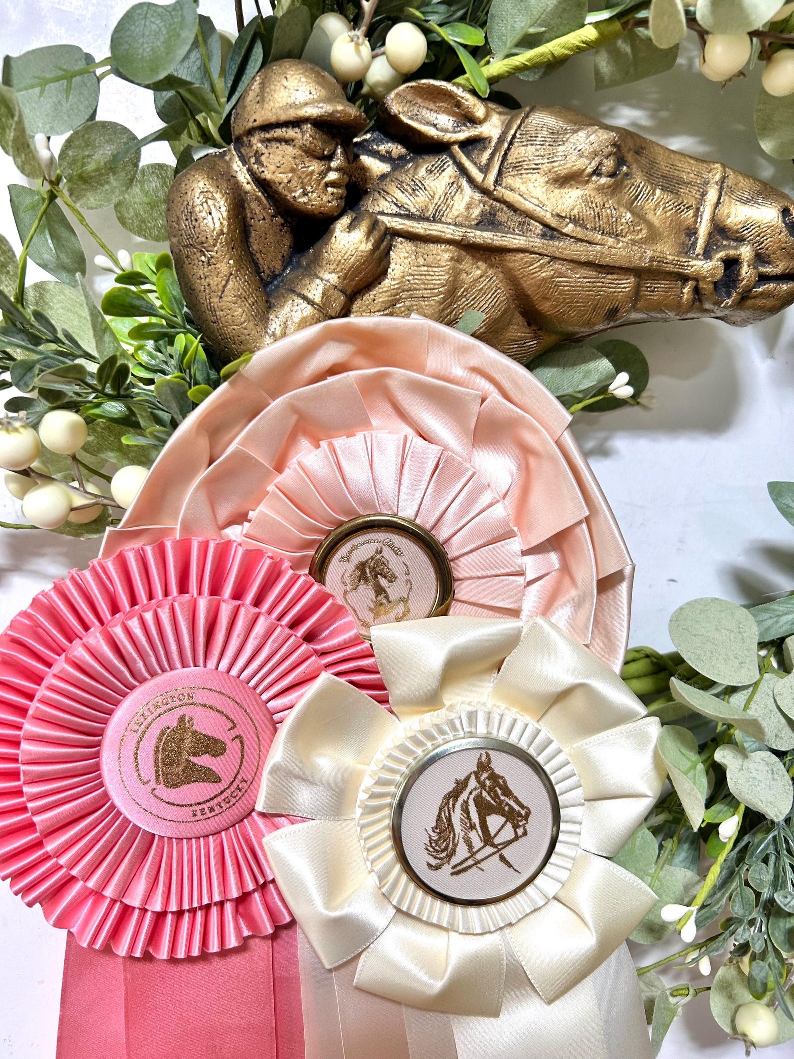 Kentucky Derby Wreath Vintage Rosette Horse Show Ribbon Pink & Gold 18 ...