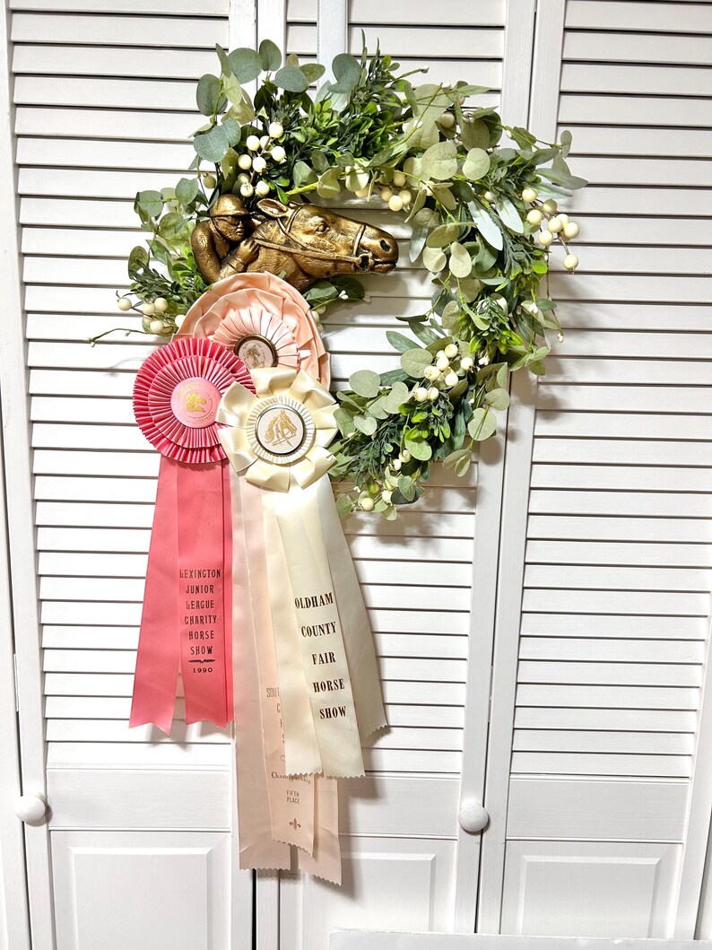 Kentucky Derby Wreath Vintage Rosette Horse Show Ribbon Pink & Gold 18 ...