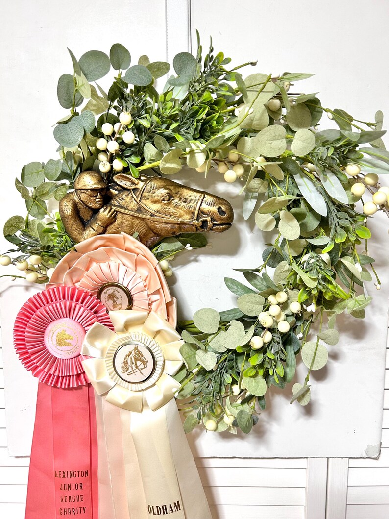 Kentucky Derby Wreath Vintage Rosette Horse Show Ribbon Pink & Gold 18 ...