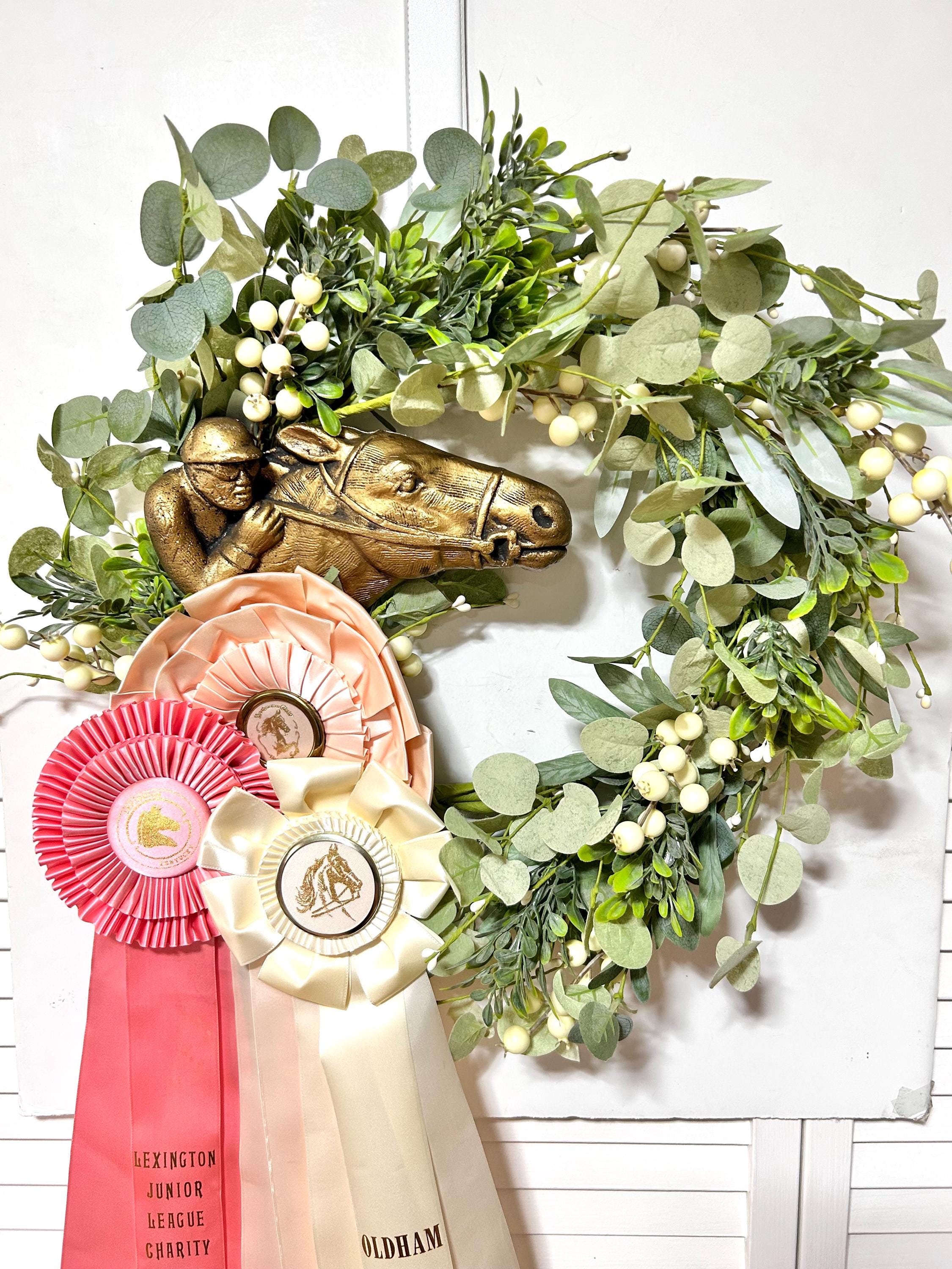 Kentucky Derby Wreath Vintage Rosette Horse Show Ribbon Pink & Gold 18 ...