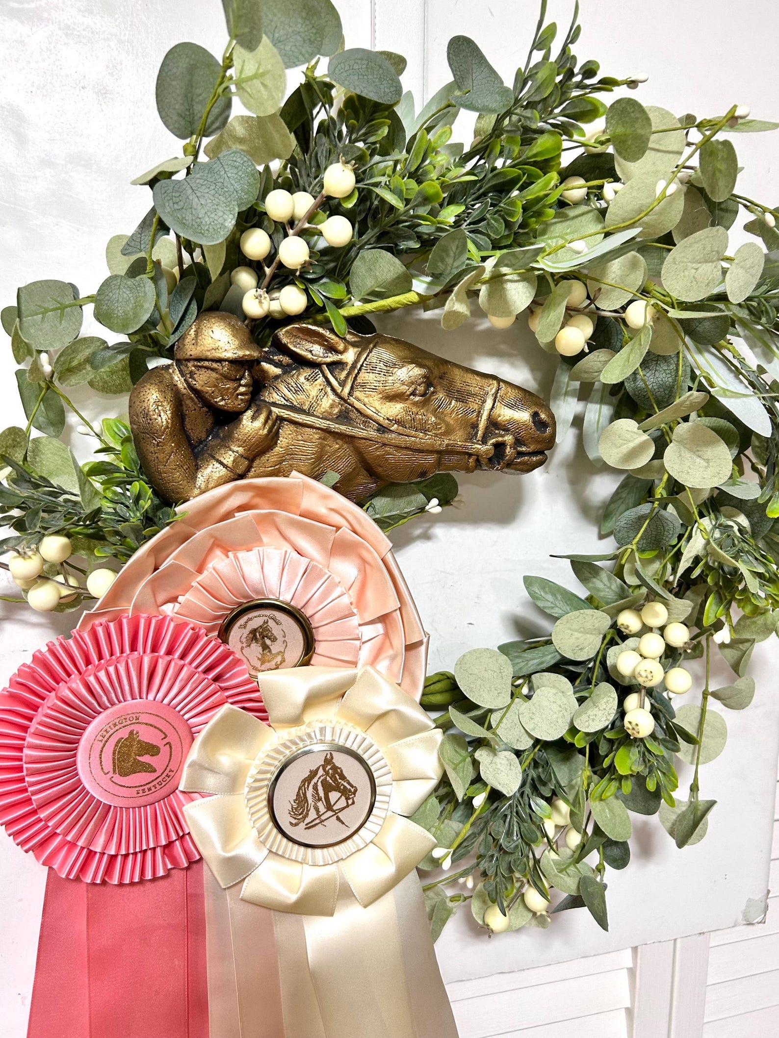 Kentucky Derby Wreath Vintage Rosette Horse Show Ribbon Pink & Gold 18 ...