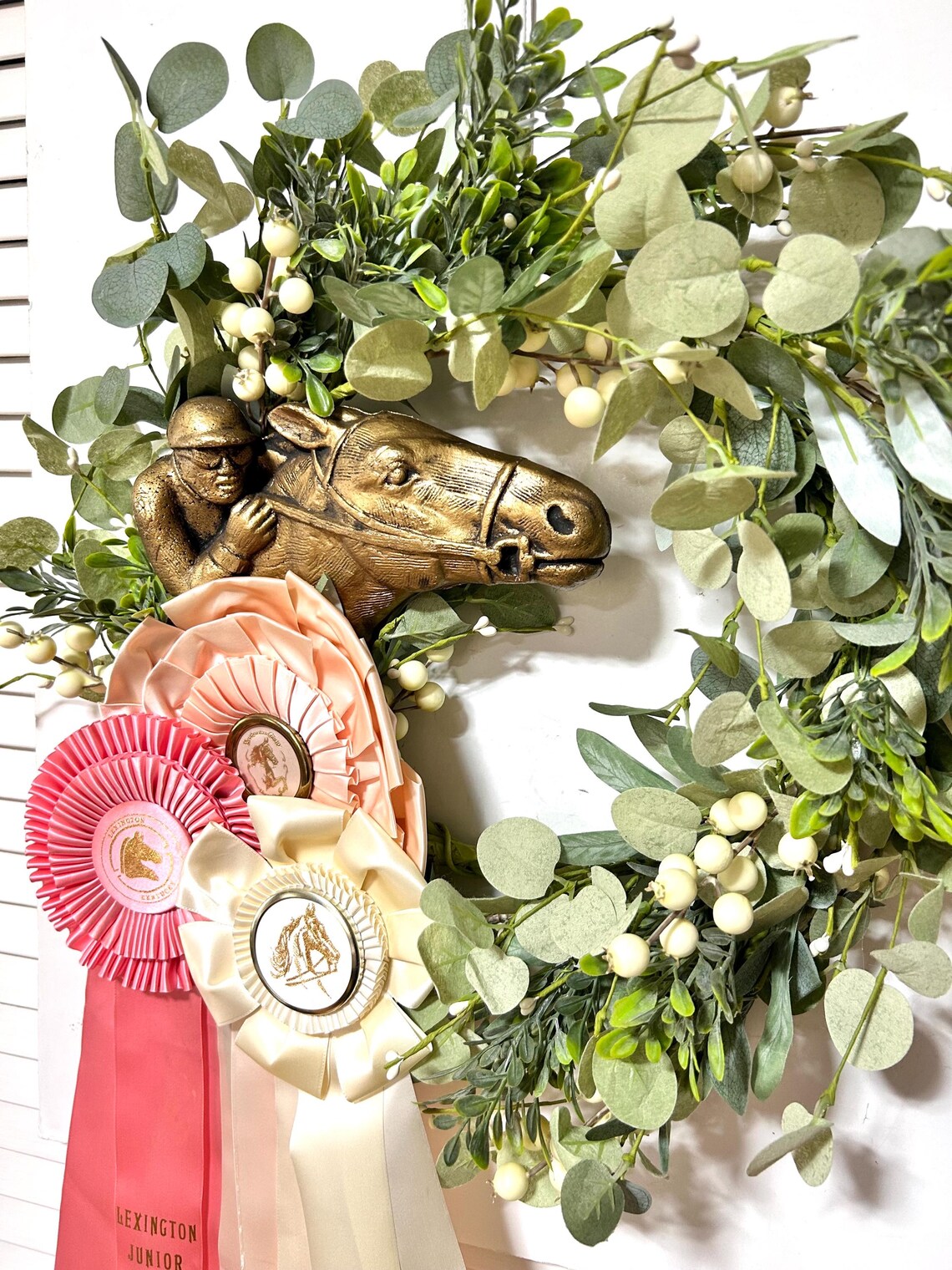 Kentucky Derby Wreath Vintage Rosette Horse Show Ribbon Pink & Gold 18 ...