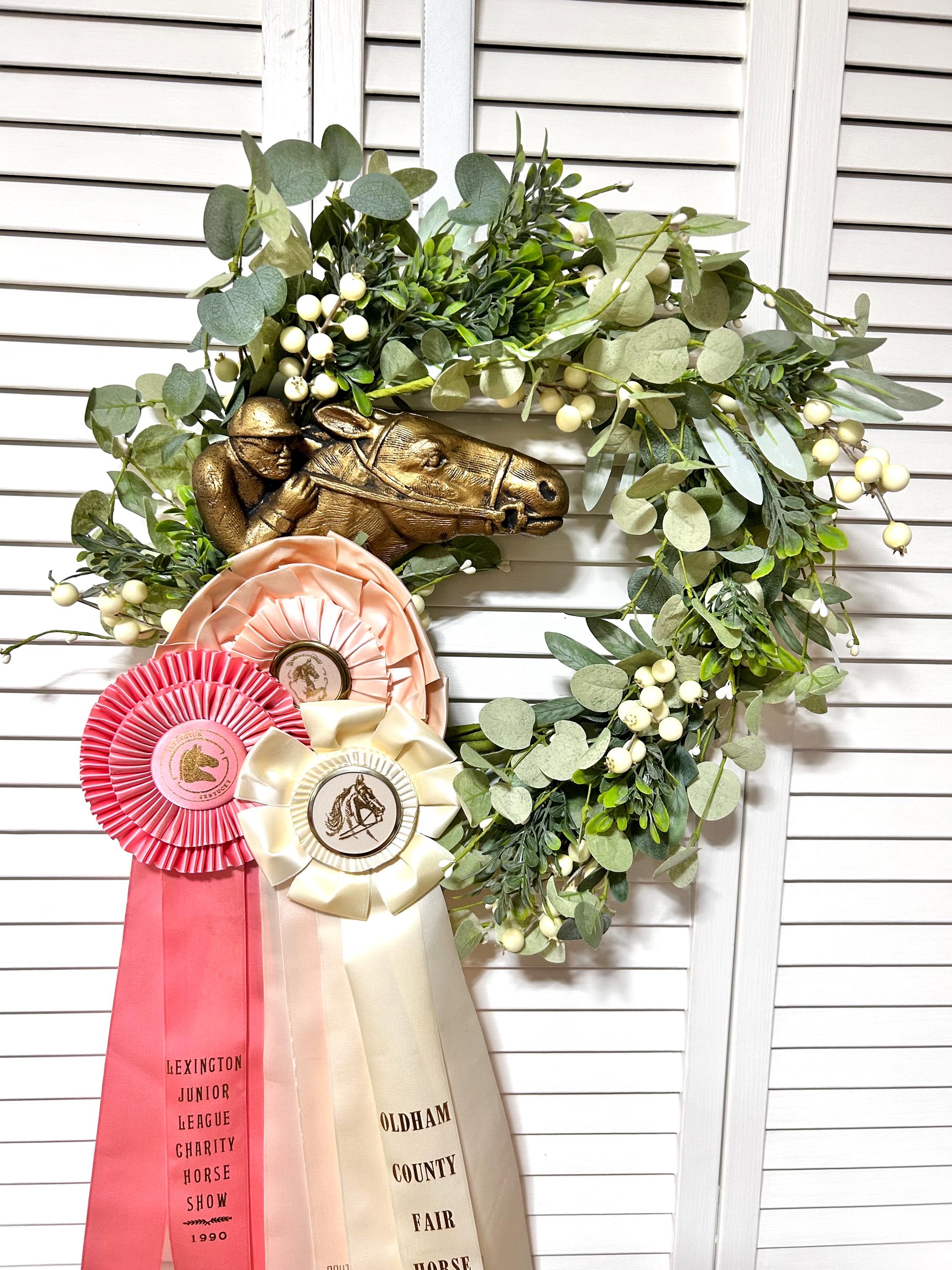 Kentucky Derby Wreath Vintage Rosette Horse Show Ribbon Pink & Gold 18 ...