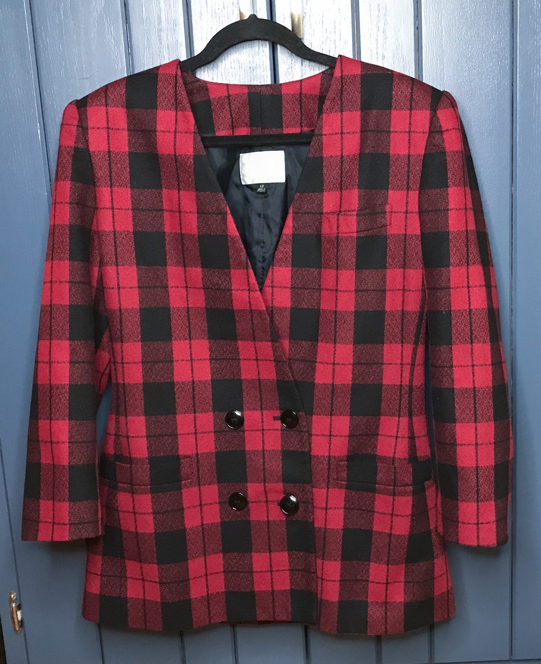Vintage Buffalo Plaid Red Black Checkered Double Breasted Blazer Size ...