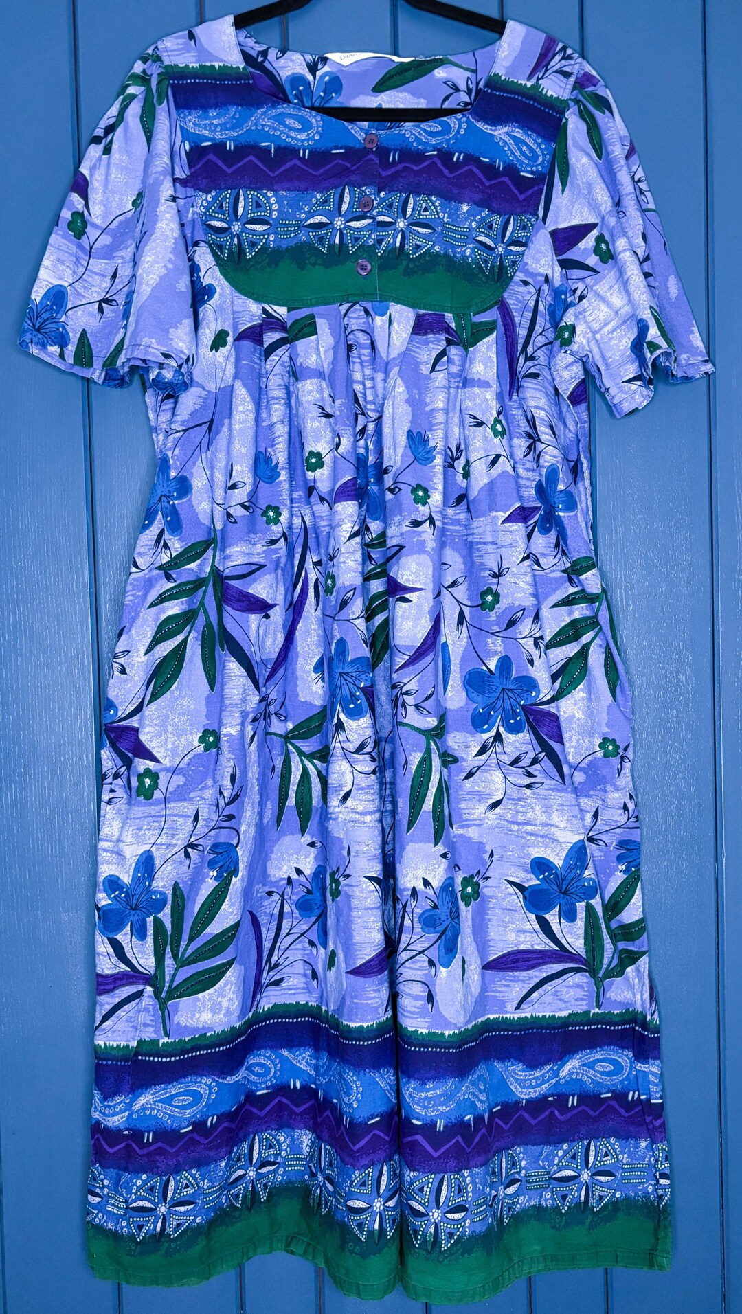 Blue Purple Floral Moomoo Dress L XL Muumuu Boho Wearable Art Coastal ...