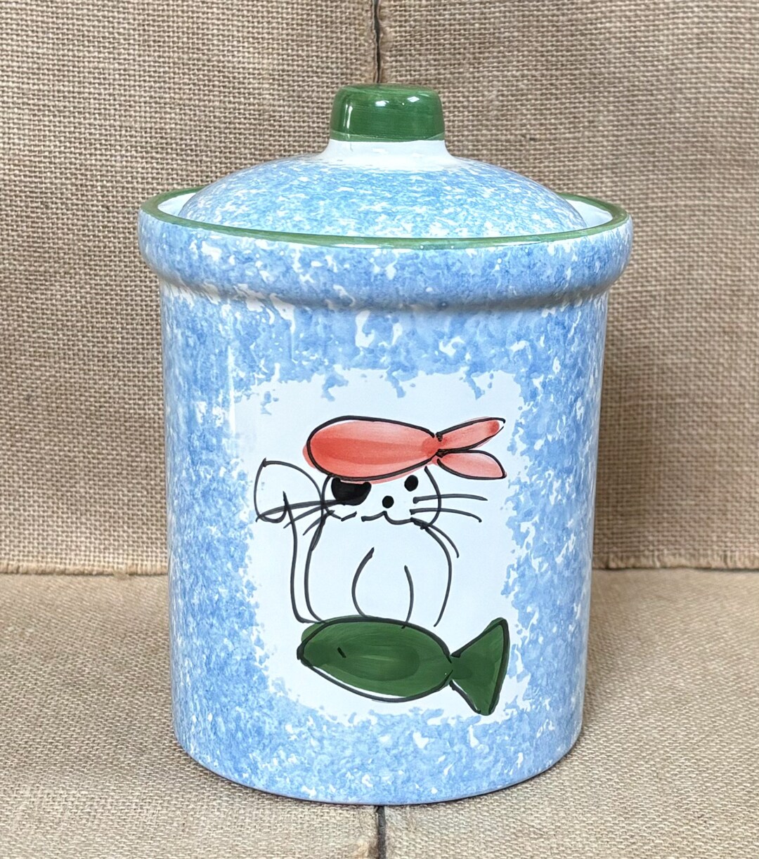Himark Art Pottery Pirate Cat W Fish Blue Spongeware Cookie Treat Jar ...