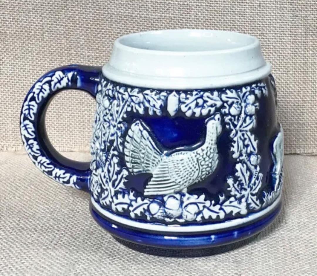 Vintage German Mug Stein Turkey Buck 1/2 Liter Blue off White Rustic ...