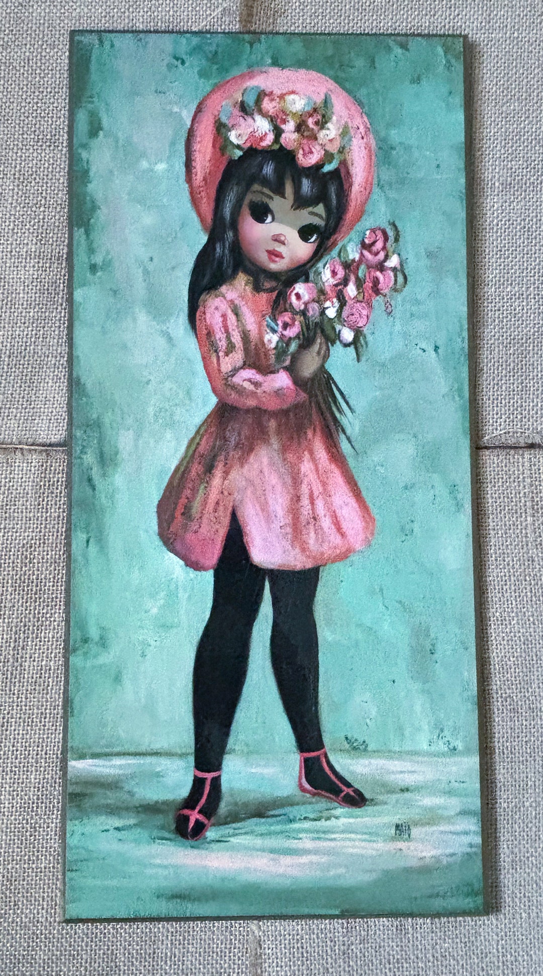Vintage Jean Maio Big Eyes Girl Pink Dress Flowers Wood Print Coquette ...